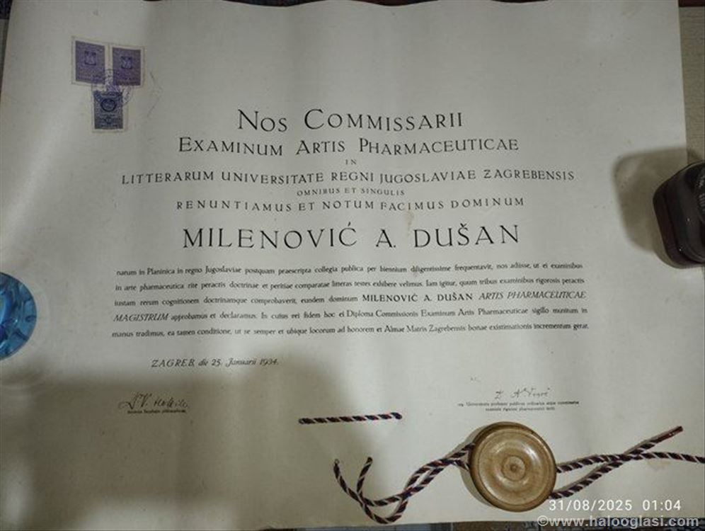 ORIGINAL DIPLOMA UNIVERZITETA KRALJEVINE YU | Halo Oglasi